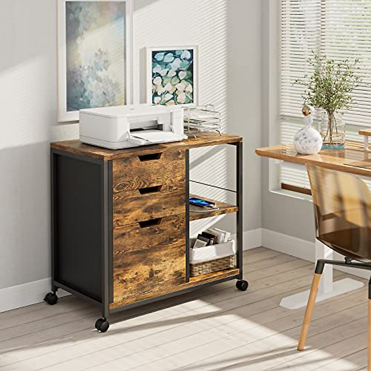 YaFiti Wood File Cabinet for Home Office, 3 Drawer Lateral Filing Cabinets for Printer Stand with Storage and Socket USB Charging Port fits A4 or Letter Size, Rustic Brown