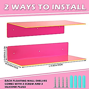 Set of 2 Acrylic Shelves 12 Inch Acrylic Wall Shelf Acrylic Floating Shelves Wall Mounted Display Organizer Book Shelf for Bedroom Living Room Bathroom Office Nursery Kitchen Book Display, Pink