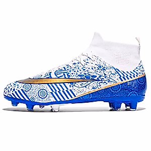 Kids Soccer Shoes Firm Ground Youth Soccer Cleats Boys Spike FG High-Top Football Boots for Outdoor Training White Blue