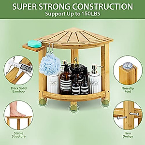 ETECHMART Bamboo Corner Shower Stool for Shaving Legs Foot Rest, Waterproof Bath Bench Seat with Storage Shelf and Soap Dish for Bathroom Inside Shower, Use as Small Corner Table Step Stools, Bamboo