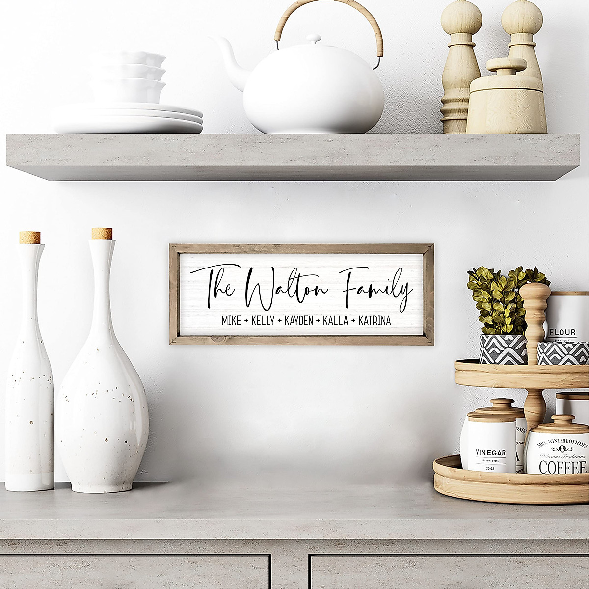 Personalized Framed Wooden Family Name Sign (6" x 18", Weathered Grey Frame, White Background)