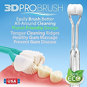 3D PRO BRUSH | 2PK 3-Sided Toothbrush | 3X Triple Clean + Soft Gum Massage | 14-Pack Replacement Heads | Tongue Scraper | Sustainable Eco-Friendly Design | Kids Adults Braces Travel | MADE IN USA