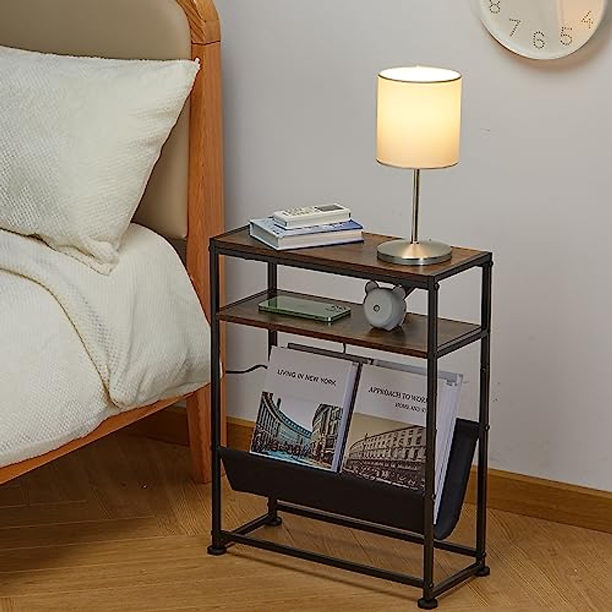 ZEXVIDA Narrow End Table for Small Spaces - Slim Side Table with Magazine Holder,2 in 1 Design Narrow End Table Living Room,Skinny Bedroom Nightstand Thin Side Magazine Table (Rustic Brown)