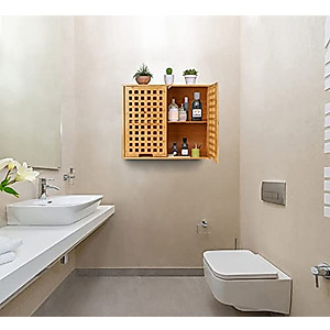 Bathroom Wall Cabinet Wall Mounted Organizer, Medicine Cabinet, Over The Toilet Storage, Bamboo Medicine Cabinets with Doors and Shelves, Wall Storage for Bathroom Kitchen Living Room (New Version)