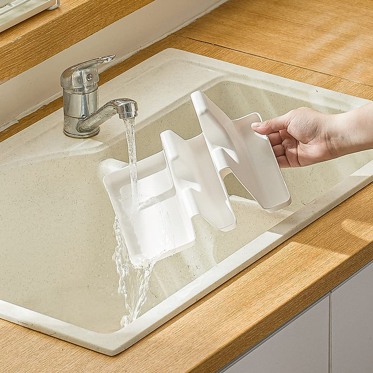 Poeland Pot Lid Holder Organizer, Plastic Wavy-Shape 2 Layers Pot Lid Stand Multifunction Kitchen Countertop Storage Rack for Pot Lids, Spoons, Cutting Board