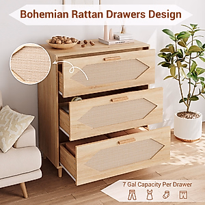 3 Drawer Rattan Dresser for Bedroom, Rattan Modern Dresser Wood Chest of Drawers, Wooden Storage Cabinets for Bedrooms, Hallways, Living Rooms, and Entryways, Easy Assemble, Natural