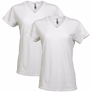 Gildan Women's Heavy Cotton V-Neck T-Shirt, 2-Pack, White, Large