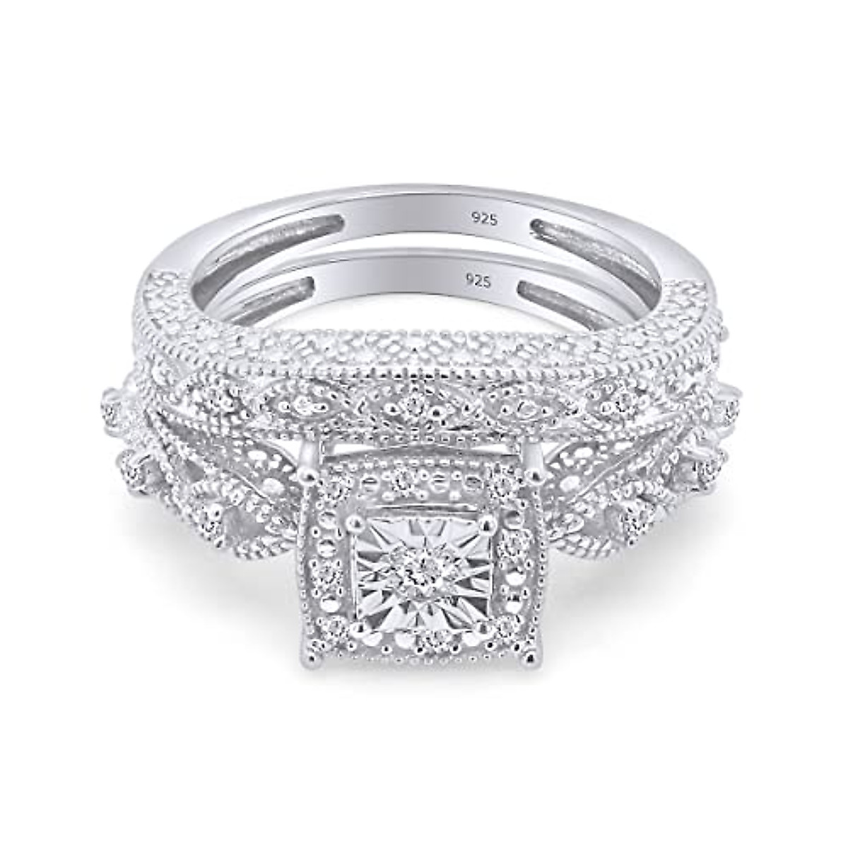 Wishrocks 1/5 Carat Round Cut White Natural Diamond Cascading Engagement Bridal Ring Set Jewelry For Women In 14K White Gold Over Sterling Silver (0.20 Cttw, Color- I-J, Clarity- I2-I3) Ring Size-9.5