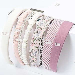 7pcs Fashion Headbands for Women, Wide Floral Headbands for Girls, Pearl Headband Non Slip Head Bands for Women's Hair Accessories (Pink)