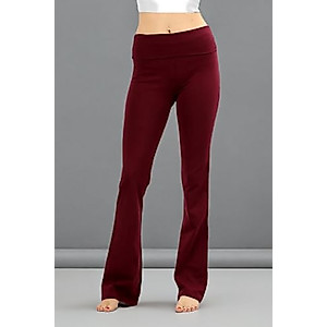 Zenana Premium Cotton FOLD Over Yoga Flare Pants,Burgundy,X-Large