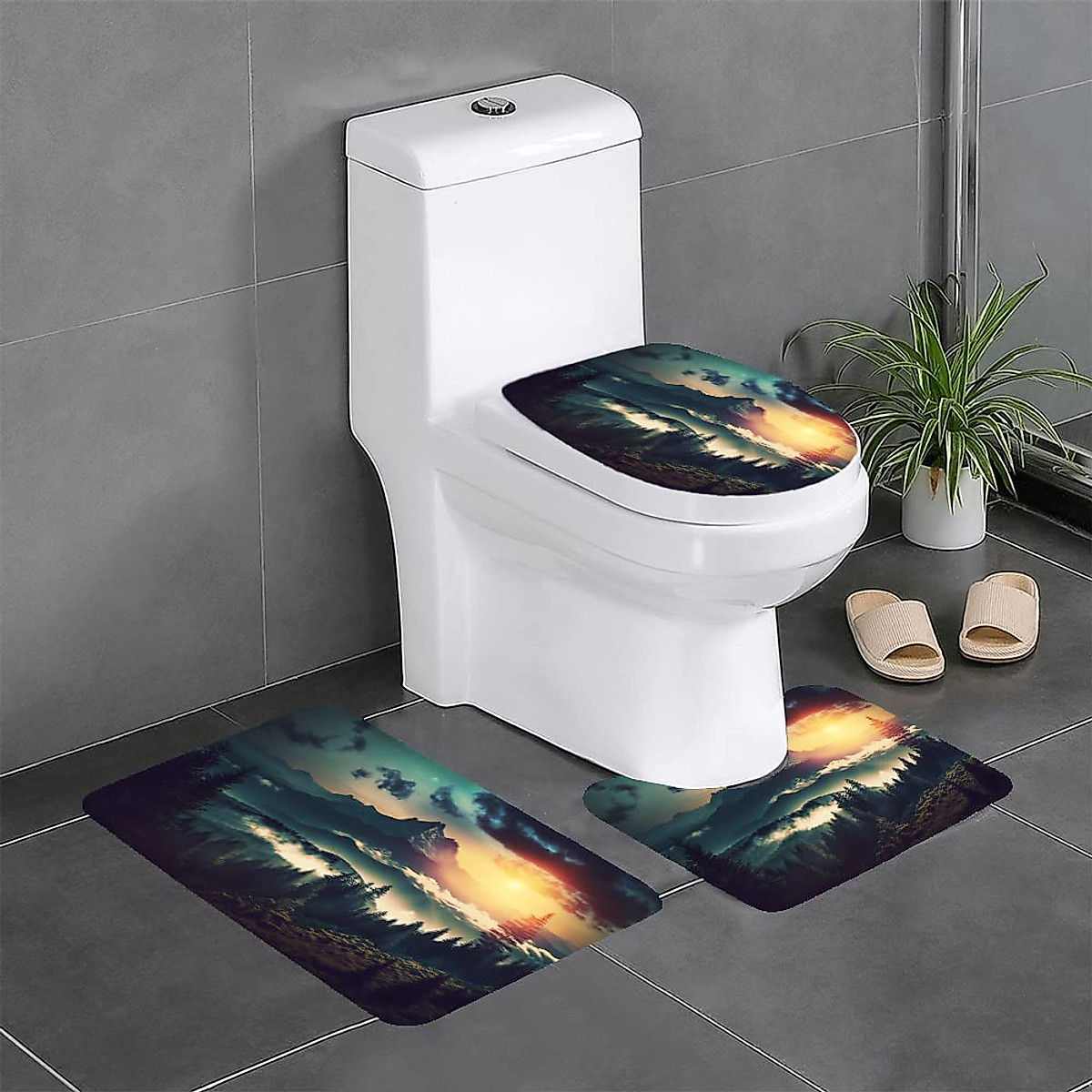 Chieraf Mountain Forest Tree Sunset Rugs Mats Sets Toilet Cover Cushion 3 Piece, Kitchen Sink Mat Machine Washable Non-Slip Soft Indoor Bath Mat