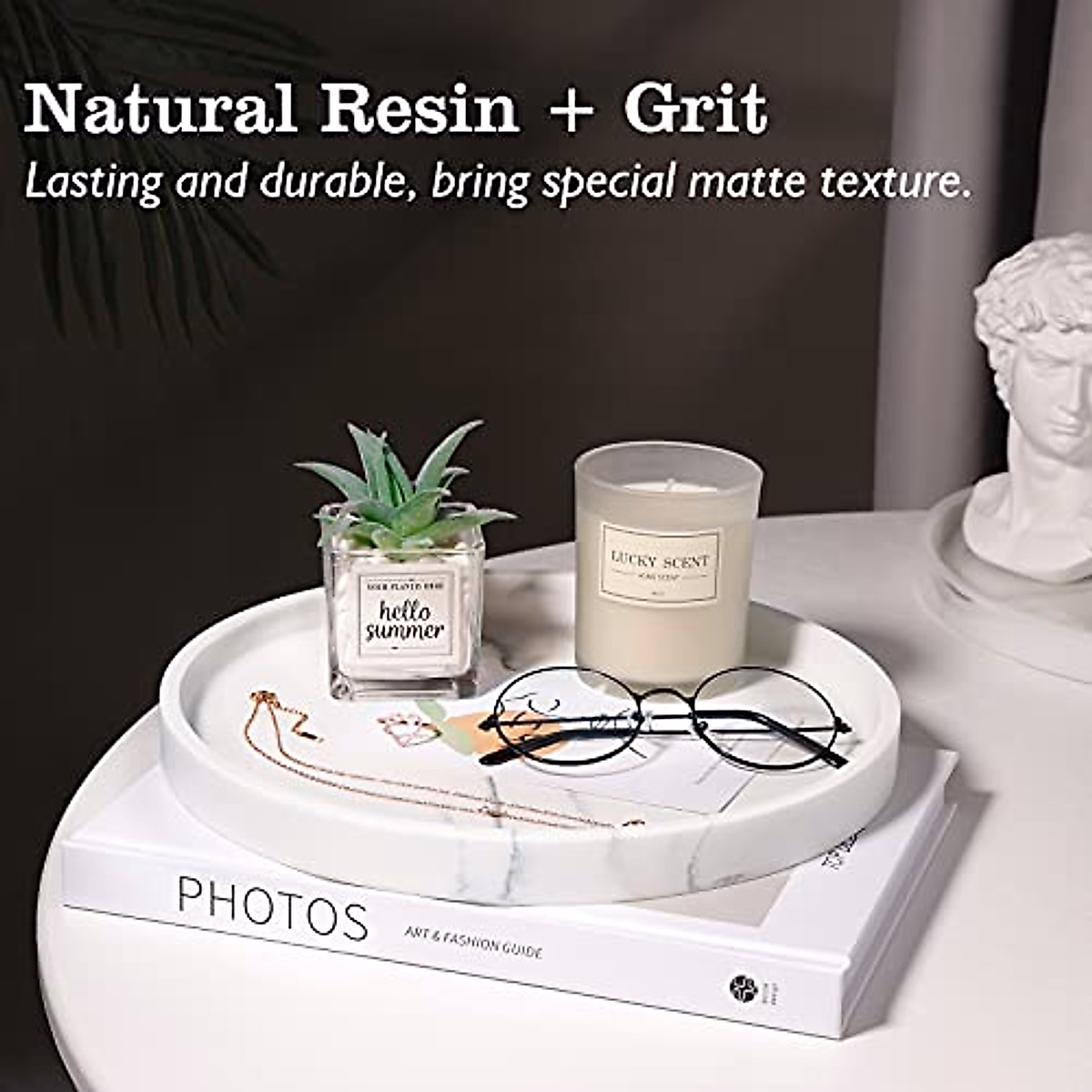 Emibele Vanity Tray, Resin Round Tray Decorative Storage Organizer for Bathroom Toilet Tank Bedroom Kitchen Countertop, Jewelry Storage Dresser Tray for Candle, Lotion Bottle, Cosmetics, Gravel White