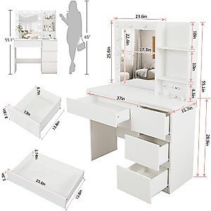 Fameill Makeup Vanity with Lights, 4 Drawers Makeup Table with Lighted Mirror, 37inch Vanity Desk with Power Strip, 3 Lighting Modes, White
