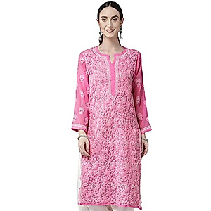 Ada Hand Embroidered Indian Chikankari Traditional Georgette Kurti Kurta Tunic Dress A411221 (L, Pink)