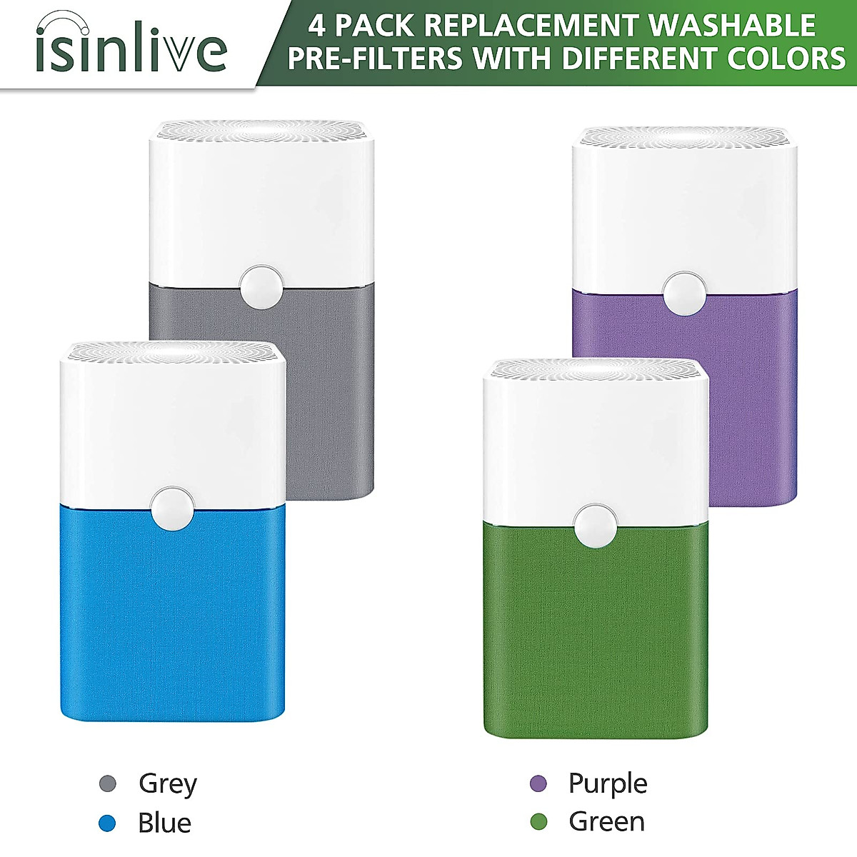 isinlive 4 Pack Replacement Washable Pre-Filters Compatible with Blueair Blue Pure 211+ Air Purifier, Removes Pollen, Dust, Pet Dander and Other Airborne Particles（Blue, Grey, Green, Purple)