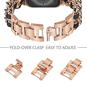 NewWays Compatible for Apple Watch Band Series 8 Series 7 41mm 40mm SE Series 6 5 4 3 38mm Jewelry Bracelet for iWatch Band Womens, Rose Gold Link with Black Leather