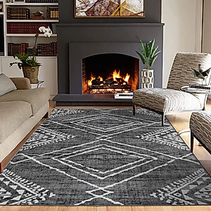 ReaLife Machine Washable Area Rug - Living Room Bedroom Bathroom Kitchen Entryway Office - Non Slip Low Pile Stain Resistant Premium - Moroccan Diamond Tribal - Jax - Gray 7'6" x 9'6"