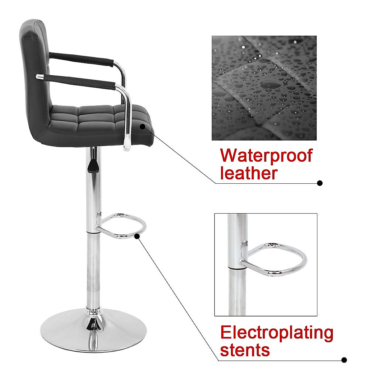 BestOffice Modern Bar Stool Set of 2 Barstools Armrest Height Adjustable Counter Stools Bar Chairs Swivel Bar Stool PU Leather Hydraulic Dining Room Chairs Home Kitchen Stools (Black)