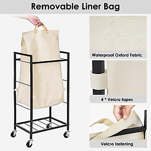 Laundry Hamper with Rustic Brown Lid & Wheels; 96L Large Rolling Laundry Basket with Removable Oxford Liner Bag; Tall Freestanding Dirty Clothes Hamper with Side Pocket; Metal Frame Laundry Cart