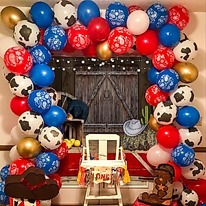 ASOONYUM Western Cowboy Backdrop 7x5ft for Baby Shower Happy Birthday Party Supplies Decorations Kids Boy Child Portrait Background for Photography Wild West Wooden House Barn BBQ Door Banner Props