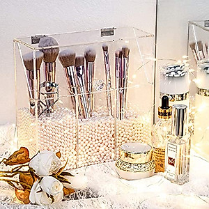 YestBuy Acrylic Makeup Brush Holder, Clear Makeup Brush Organizer For Vanity, Cosmetic Brush Storage Box with Pink Pearls, For Bathroom, Bedroom, Vanity Countertop