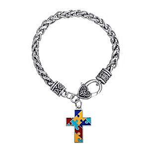 Autism Awareness Bracelets Puzzle Jigsaw Love Heart Cross Charm Bracelet Teach Love Autism Puzzle Pieces Classic Charms Bracelet Autism Awareness Jewelry Appreciation Gift-Cross