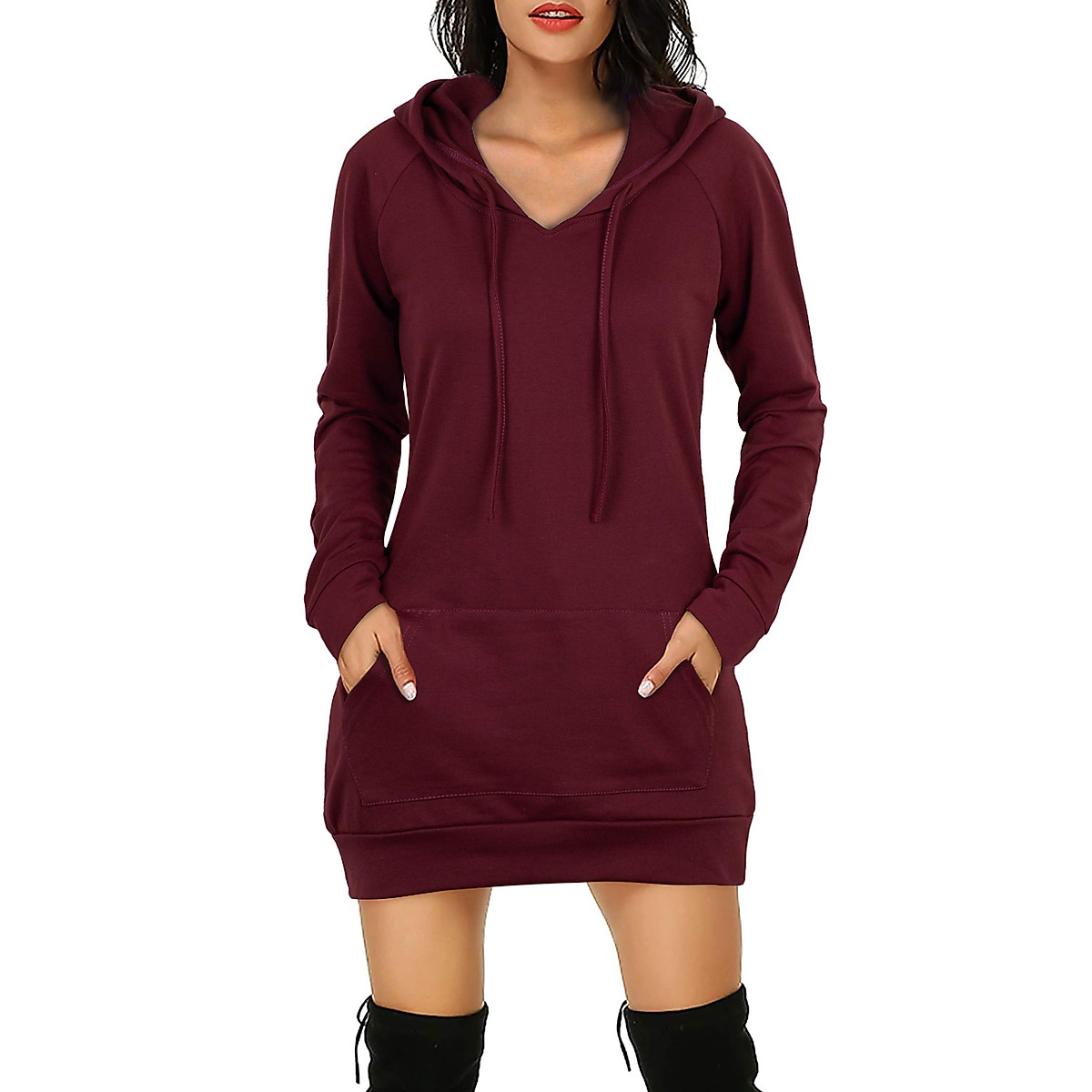 BEPEI Hoodies for Women,Fashion V Neck Pocket Jersey Shirt Fall Trend Dressy Blouses Long Sleeve Drawstrings Sweatshirts Comfy A Line Tunic Top 2024 Oversized Plus Size Wine 2XL