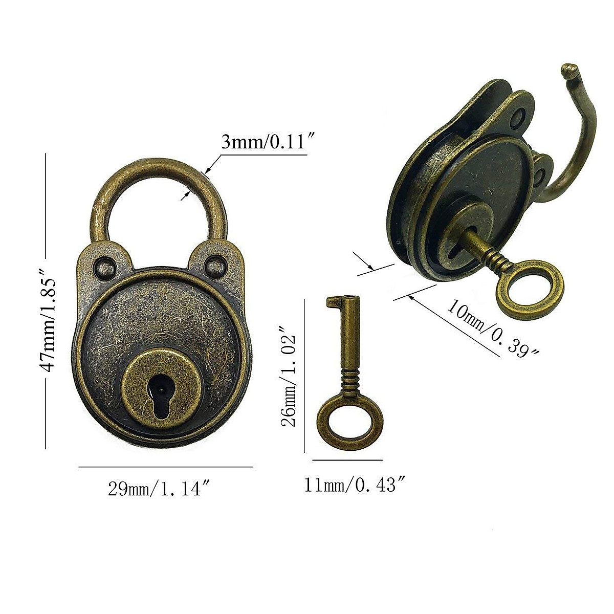 Hyamass 3pcs Vintage Antique Style Mini Archaize Padlocks Key Lock with Keys (Bronze)