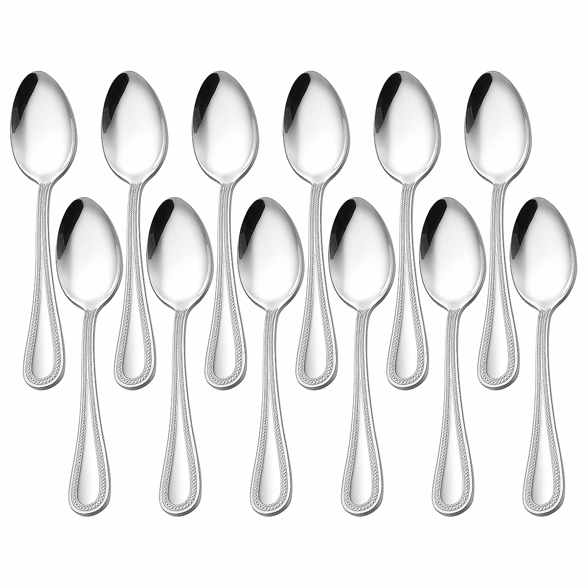 E-far Stainless Steel Teaspoons Set of 12, 6.7 Inch Pearled Edge Small Dessert Tea Spoons Silverware for Home, Kitchen and Restaurant, Non-toxic, Mirror Polished, Dishwasher Safe