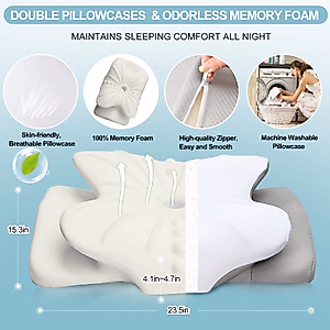 Pulatree Cervical Pillow for Neck Pain Relief, Odorless Contour Memory Foam Pillows with Cradles Design, Ergonomic Orthopedic Bed Pillows for Sleeping, Support Side Back Stomach Sleeper (Silky Cover)