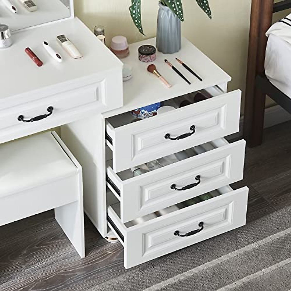 JBLCC Makeup Vanity Table with Lighted Mirror,Makeup Vanity with Power Outlet and Drawers, Storage Shelves, Vanity Desk for Woman Girls, White (5951USB)