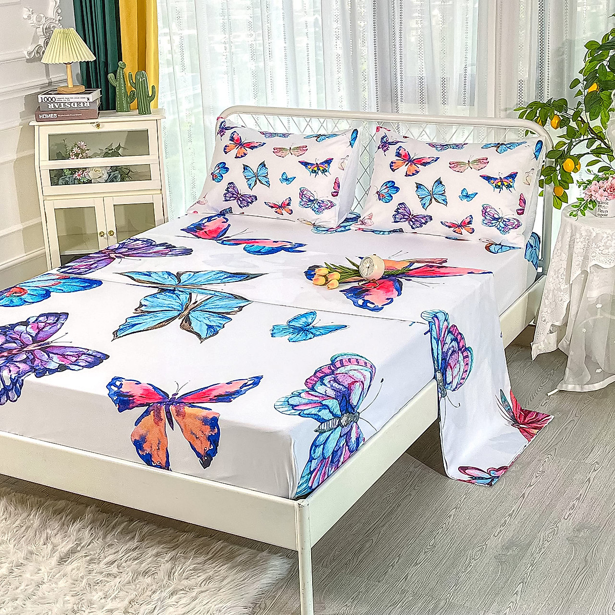 CVHOUSE Butterfly Fitted Sheet Queen Size,Butterfly Bedding Set,Colorful Butterfly Bed Sheet Set,1 Flat Sheet & 1 Fitted Sheet with 2 Pillow Cases - 4 Piece