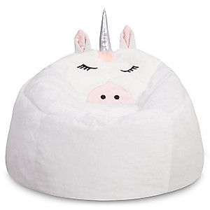 Posh Creations Cute Soft and Comfy Bean Bag Chair for Kids, Large, Animal - White Unicorn