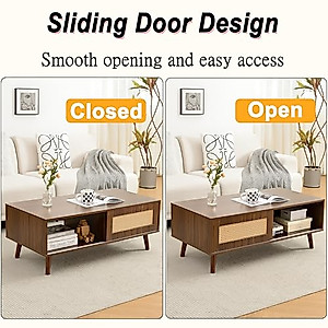 Ganooly Mid Century Modern Coffee Table with Storage, 43.3 Inch Rectangle Wooden Accent Center Table with Sliding PE Rattan Woven Door Panel and Solid Wood Legs, Suitable for Living Room, Apartment