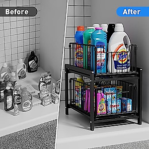 Lxmons 2 Tier Basket Drawer Organizer, Pull Out Under Sink Cabinets , Metal Home Organizer Shelf for Bathroom or Kitchen, Sliding Countertop or Pantry Storage shelf, Large Black