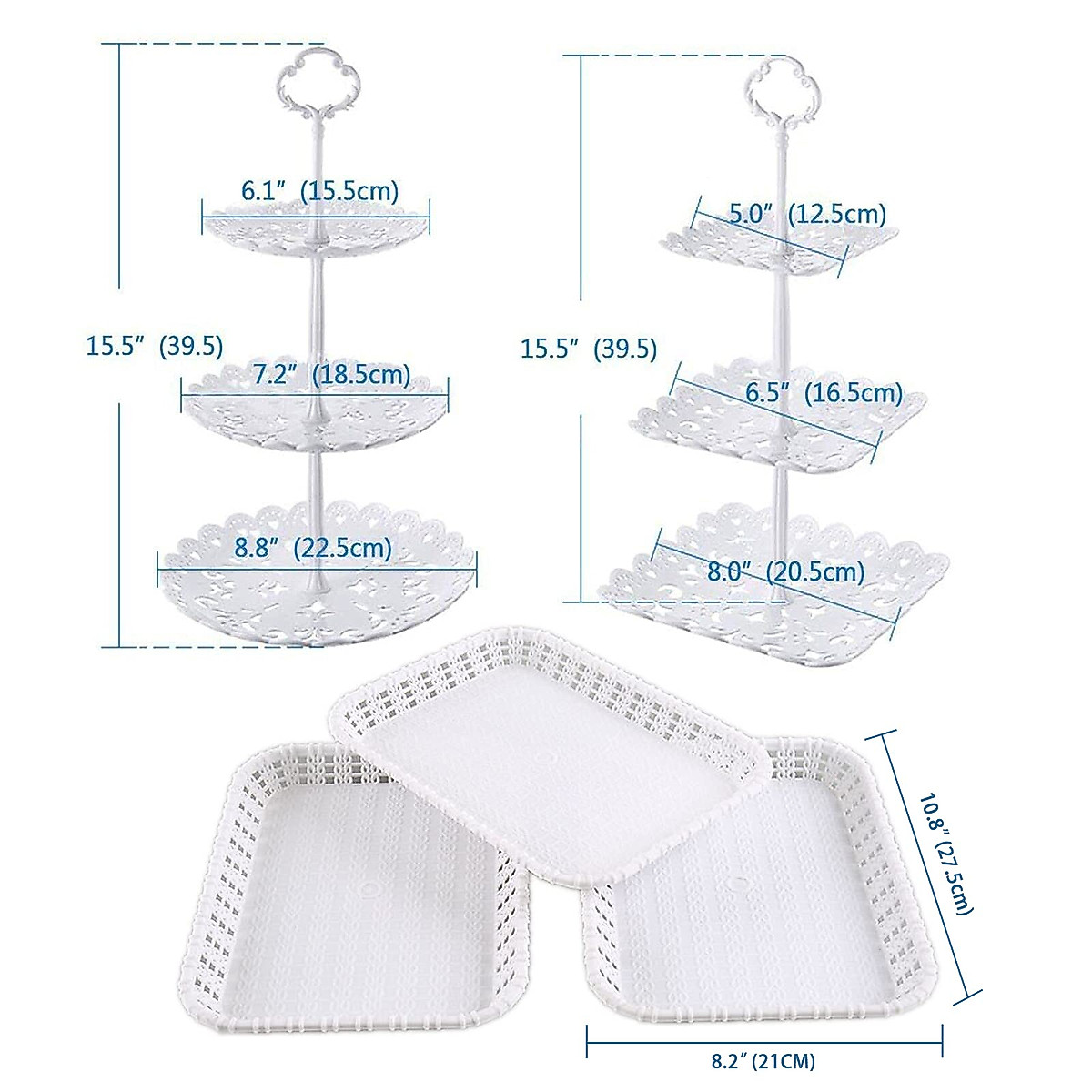 FEOOWV 2pcs 3 Tier Round &3pcs Rectangle Serving Trays, Plastic Party Cake Stand and Cupcake Holder Fruits Dessert Display Plate Table Decoration for Wedding Birthday Party Celebration(Set of 5pcs)