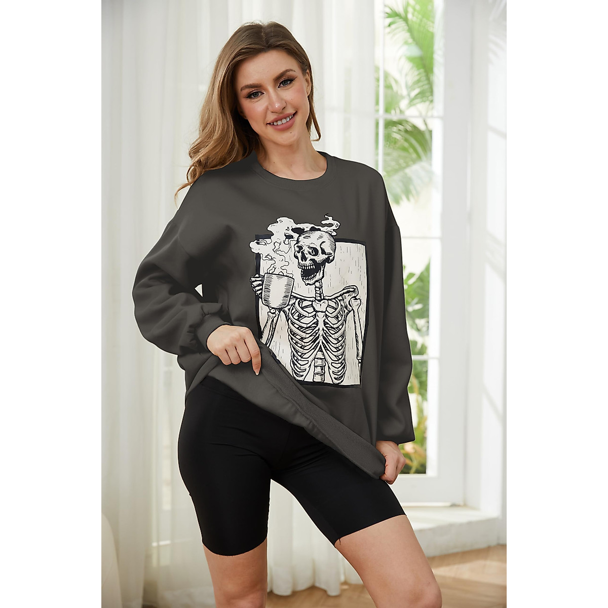 Meladyan womens Halloween Skull Graphic Print Fleece Oversized Sweatshirt Crewneck Long Sleeve Drop Shoulder Pullover, Dark Grey, X-Large