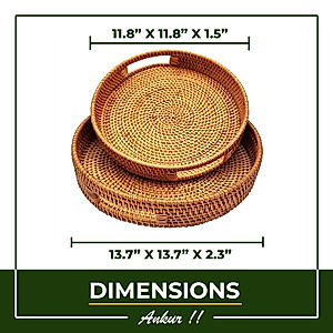 ANKUR Round Rattan Serving Tray with Handles- Decorative Woven Ottoman Trays with Handle,Coffee Table Basket,Natural Basket Wave Tray, Bathroom Decor (L- 13.7 Inch & M- 11.8 Inch)