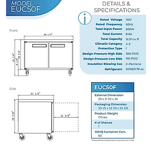 Commercial Undercounter Freezer, ETL NSF 2-Door Upright, 48.125" W 12.2 cu. ft. Auto-Defrost, Stainless Steel Restaurant