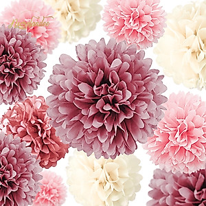 NICROLANDEE 15PCS Dusty Rose Blush Pink Tissue Pom Poms Flowers for Wedding, Bridal Shower, Sweet Birthday, Baby Shower, Engagement, Bachelorettes, Valentine Pink Party Decorations Paper Garland