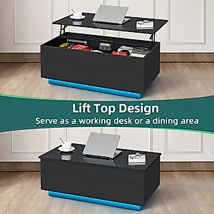 HOMMPA 40'' Lift Top Coffee Table for Living Room, Black Coffee Tables with Storage, LED Modern Coffee Table Rectangular Black Gloss, Flip Top Center Table with 2 Drawers and Hidden Compartment