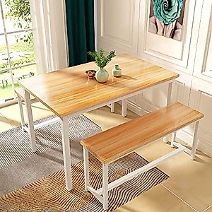 AWQM Dining Table Set for 4, Kitchen Table Set with 2 Benches, 47.2Inch 3-Piece Dining Room Table Set with Metal Frame and MDF Board, Sturdy Structure, Space-Saving, Oak
