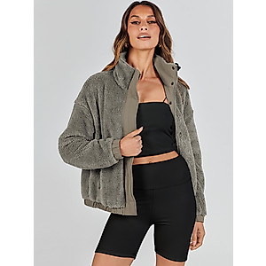 ANRABESS Womens Fleece Jacket Casual Long Sleeve Cropped Sherpa Button Down Fuzzy Warm Coats Fall Outwear With Pockets Grey Medium