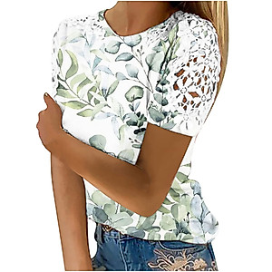 Ceboyel Womens 2023 Guipure Lace Trim Blouses Summer Casual Tops Shirts Short Sleeve Floral Tunic Dressy Trendy Ladies Clothes Blouse