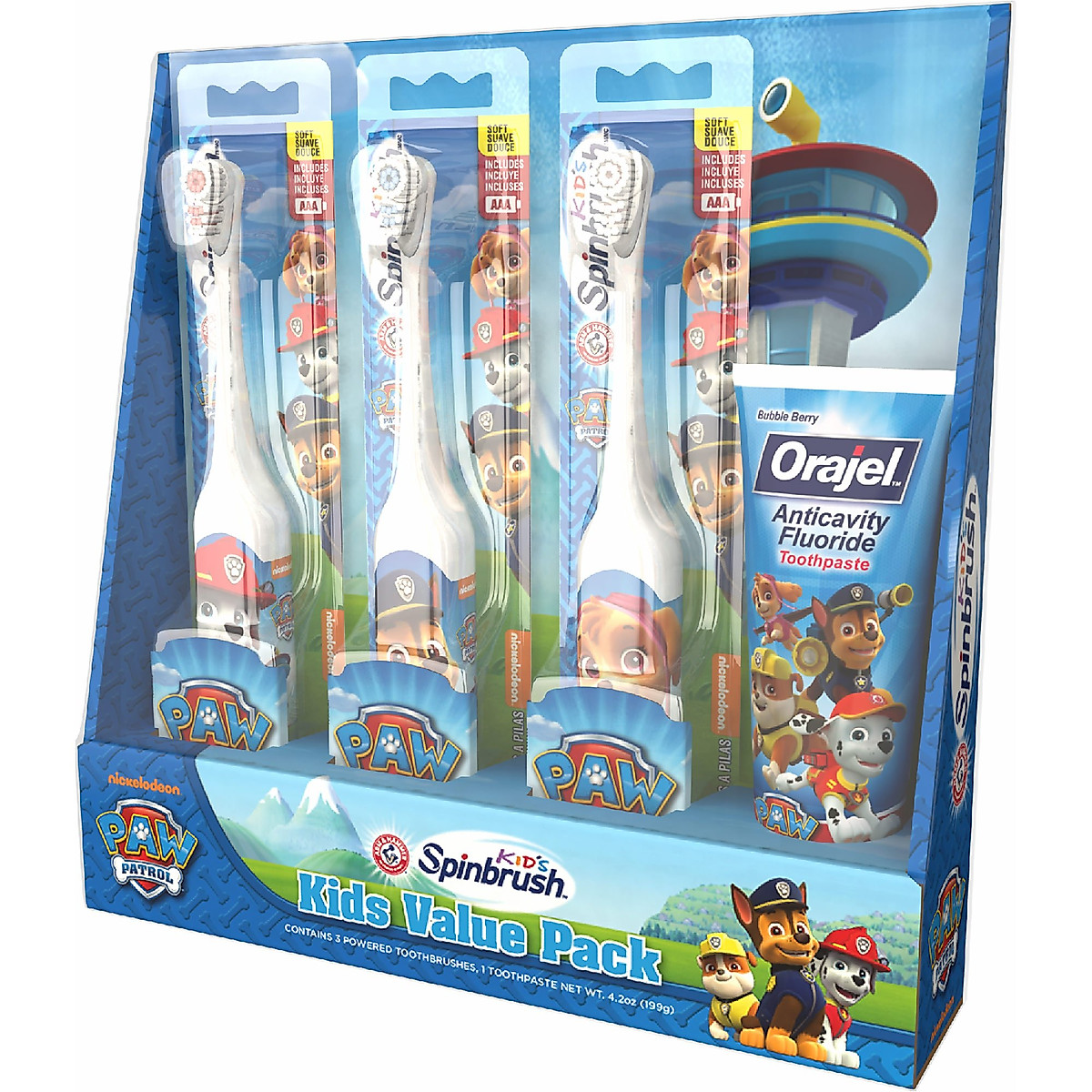 Arm & Hammer Kid's Spinbrush Paw Patrol Electric Toothbrush, 3 pk, with Orajel Anticavity Fluoride Toothpaste, 4.2 oz.