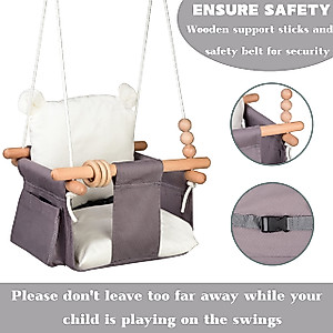 Baby Hammock Swings, Canvas Baby Hanging Swing with Safety Belt & Cotton Cushion Seat, Hanging 2 Side Pockets Safe Outdoor Swings