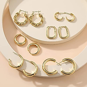 Gold Hoop Earrings Set for Women, 6 Pairs 14K Gold Plated Lightweight Hypoallergenic Chunky Open Hoops Jewelry for Gift