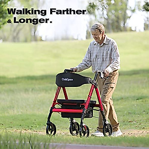 OasisSpace Heavy Duty Rollator Walker - Bariatric Rollator Walker with Large Seat for Seniors Support Up 450 lbs (Red)