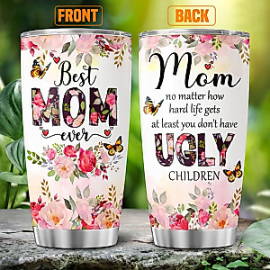 JENOIS Mom Ugly Children, Funny Coffee Mothers For Tumblers Mama Mother Insulated Day Cups Women Handle, Tumbler 20 Oz With Lid And Straw, Best Mom Ever Gifts