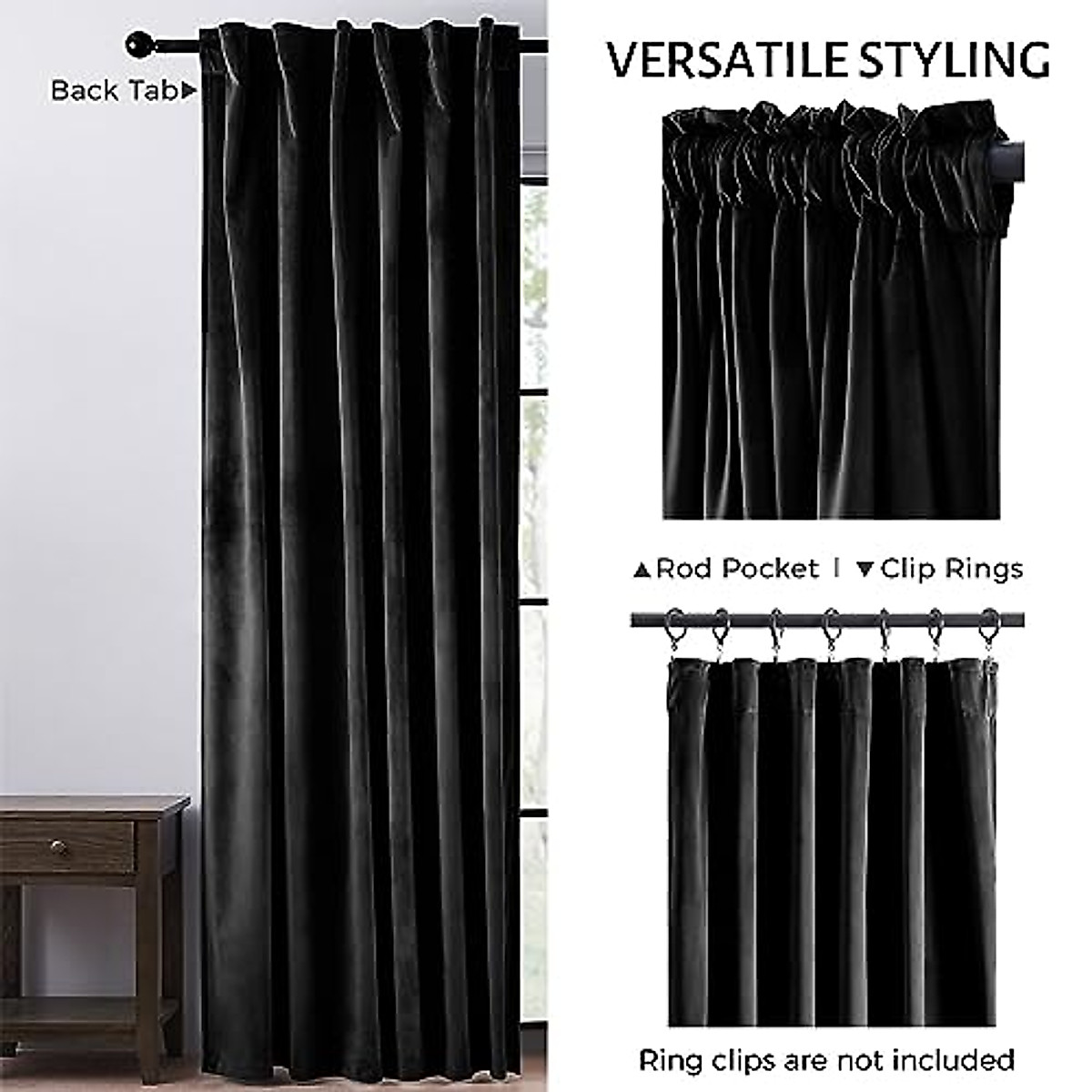 Topfinel 90 Inches Black Blackout Velvet Curtains for Living Room,Rod Pocket Back Tab Brightens Thick Vertical Backdrop Drapes for Living Room Cinema/Room Dividers 90 Inch Length 2 Panels,Black